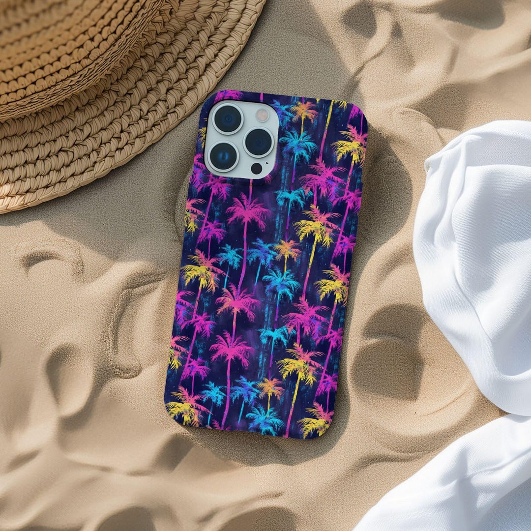 Neon Tropical Palm Trees Phone Case, Aesthetic Coastal Print, Trendy ...