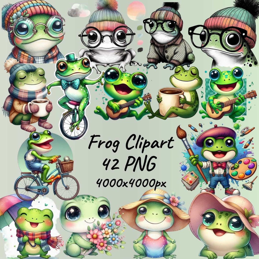 Cute Frog Clipart Bundle, Kawaii Watercolor Frogs PNG, Funny Little ...