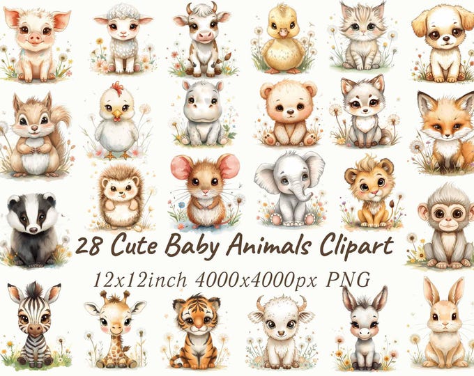 Cute Baby Animals Clipart, Adorable Baby Animal Illustrations Bundle ...
