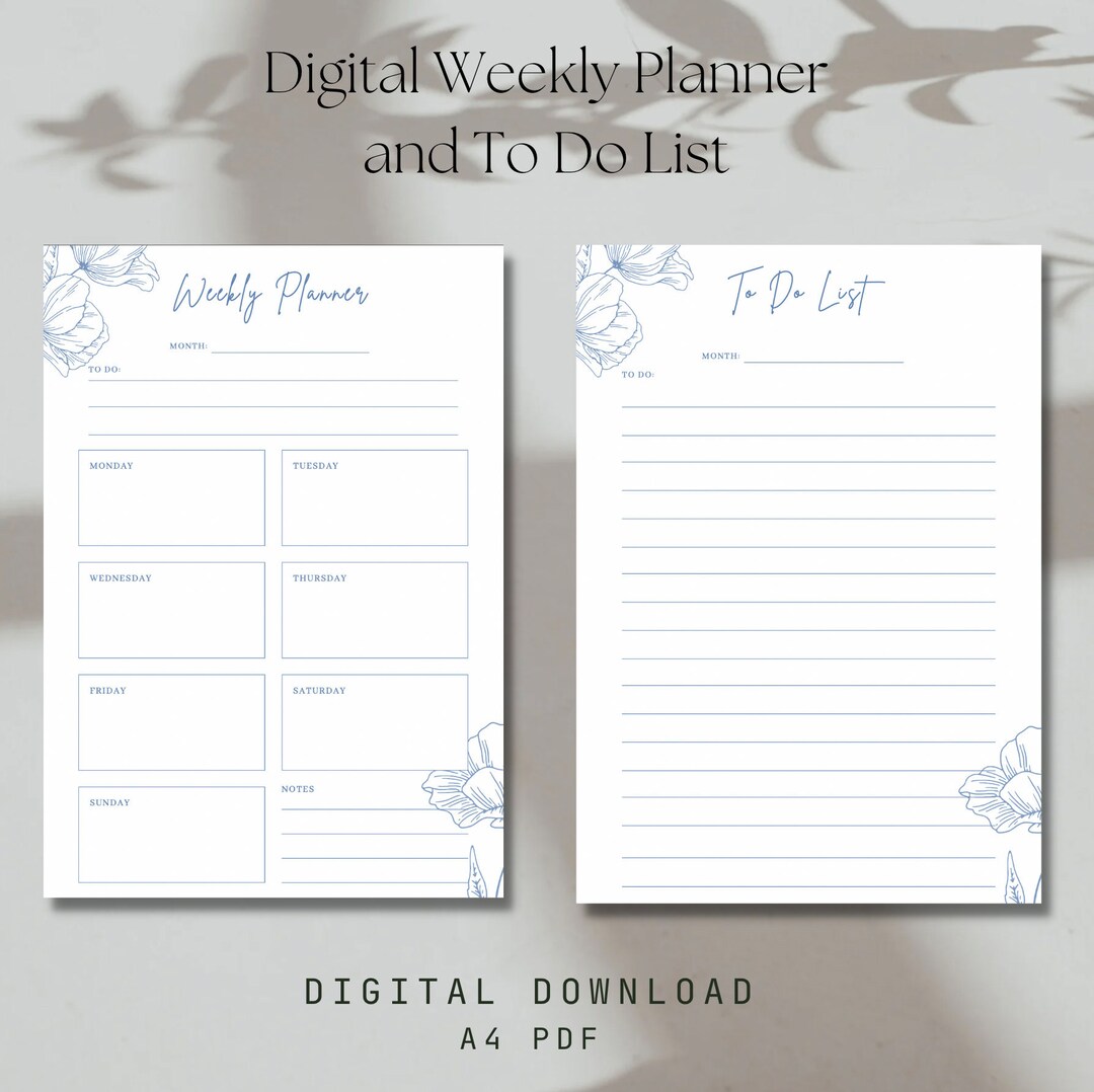 Digital Weekly Printable Planner and to Do List Color Blue and White ...
