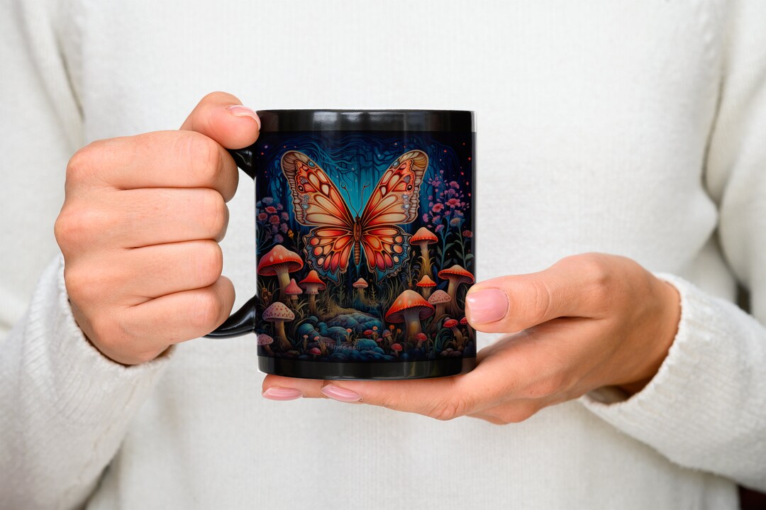 Black Cottage Core Mug, Butterfly Mug, Mushroom Mug, Mystical Forest ...