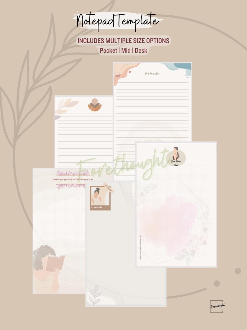 Aesthetic Bohemian Girl Notepad Printable PDF Canva Template Multi-size ...