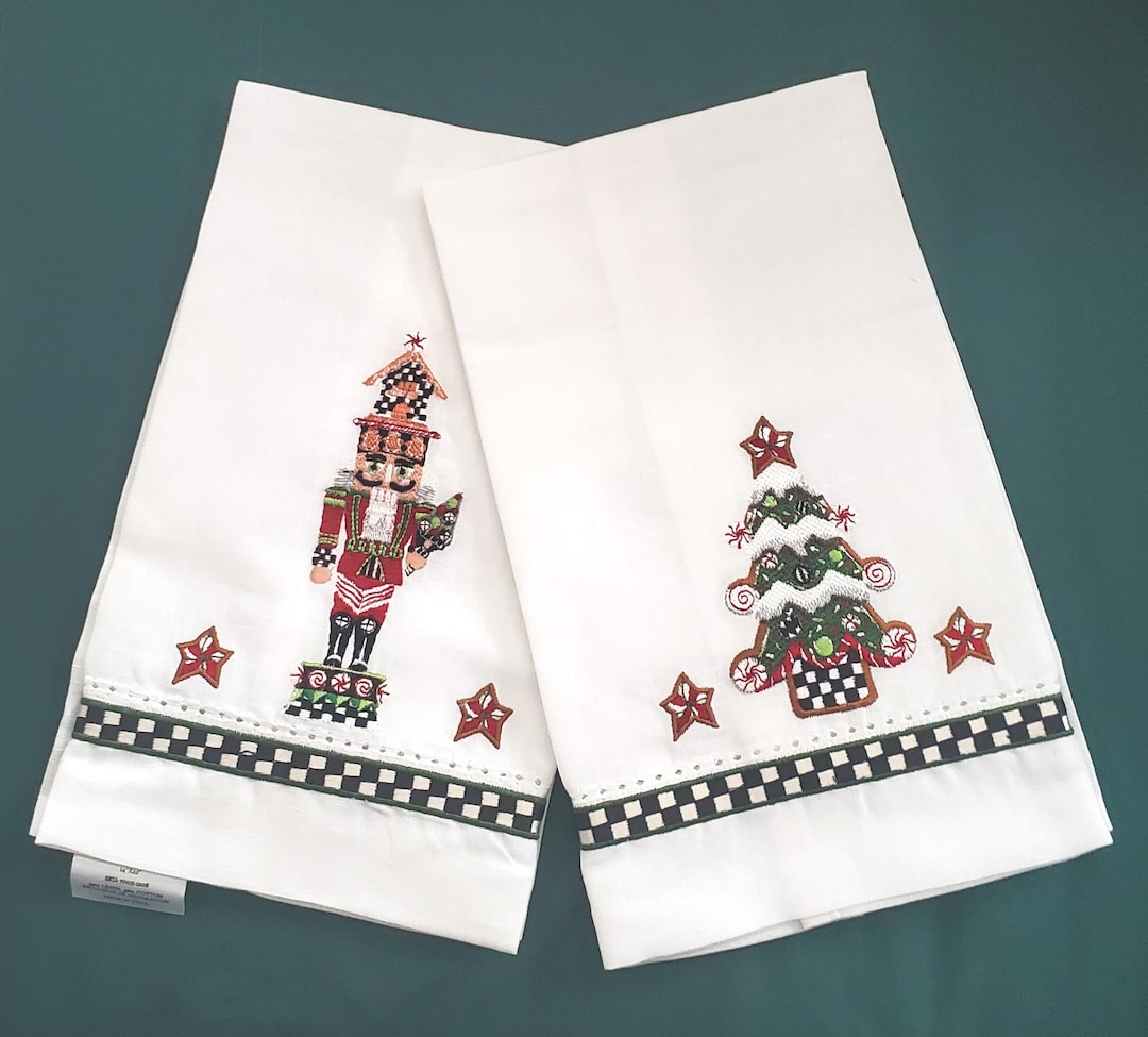 Mackenzie Childs Nutcracker & Christmas Tree Embroidered GUEST TOWELS ...