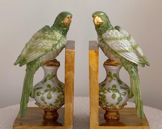 Green Gold Parrot Bookend Pair, Luxe Shelf Decor, Bookend Set ...