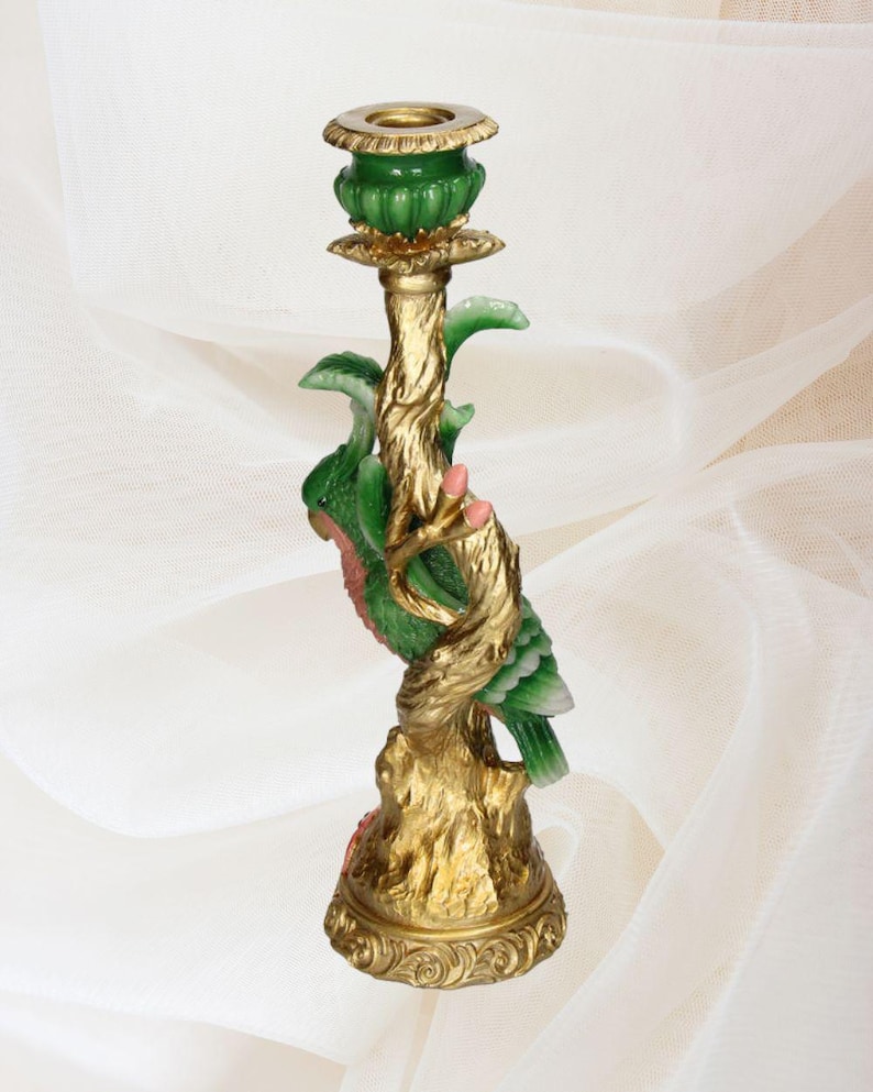 Hollywood Regency Parrot Candle Holder, Bird Candlestick, Green Pink Gold Glam Decor, Luxury ...