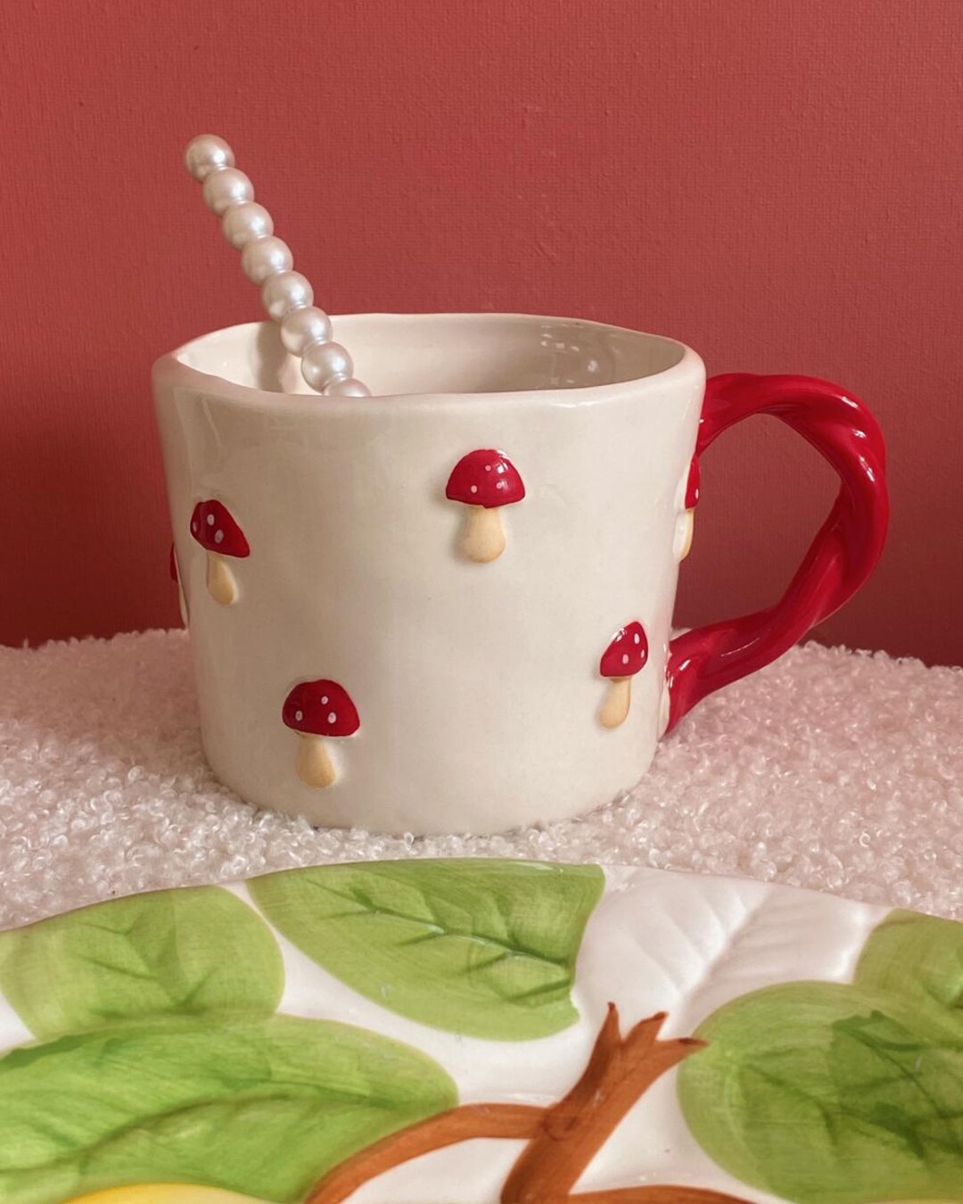 Mushroom Ceramic Mug, Hand Painted Raised Mushrooms, Red Swirl Handle ...