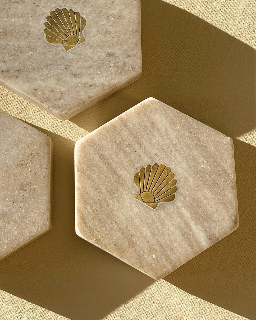 Marble Coaster Seashell, Grey Marble Hexagon Coaster With Brass Shell ...