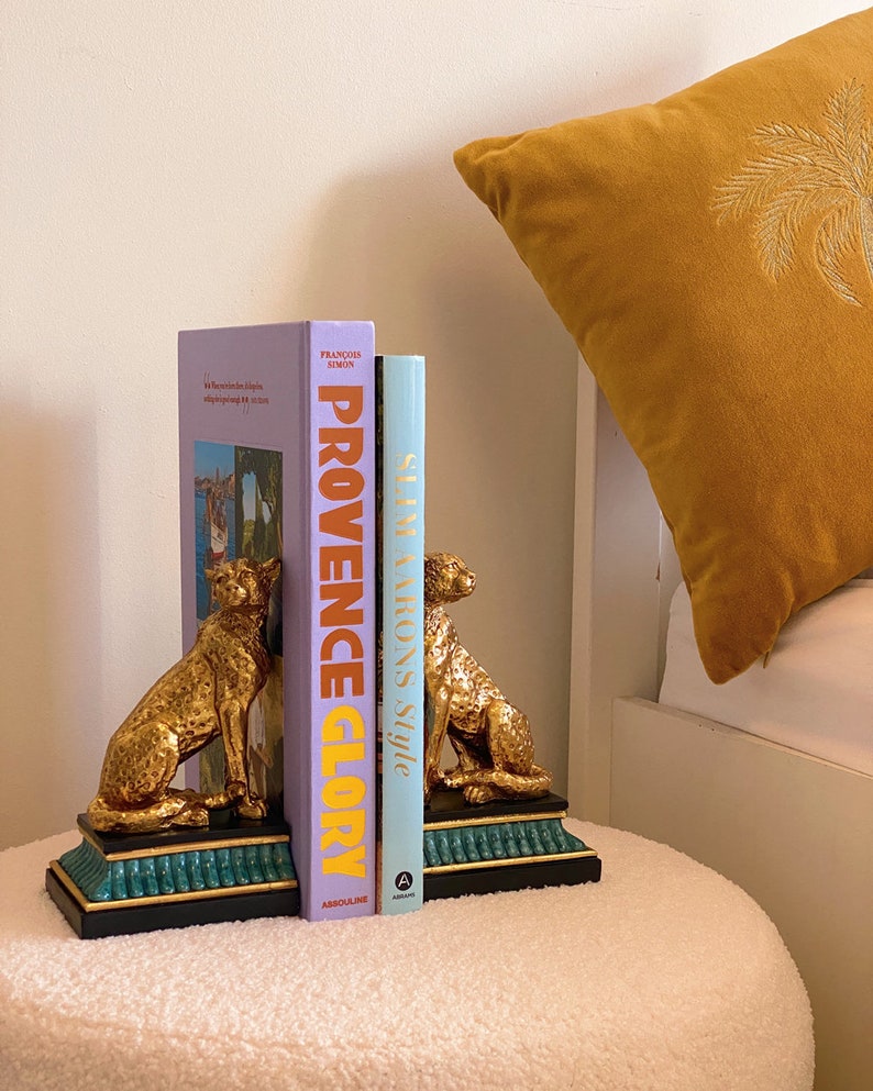 Gold Leopard Bookend Pair, Luxe Shelf Decor, Leopard Sculpture, Bookend ...