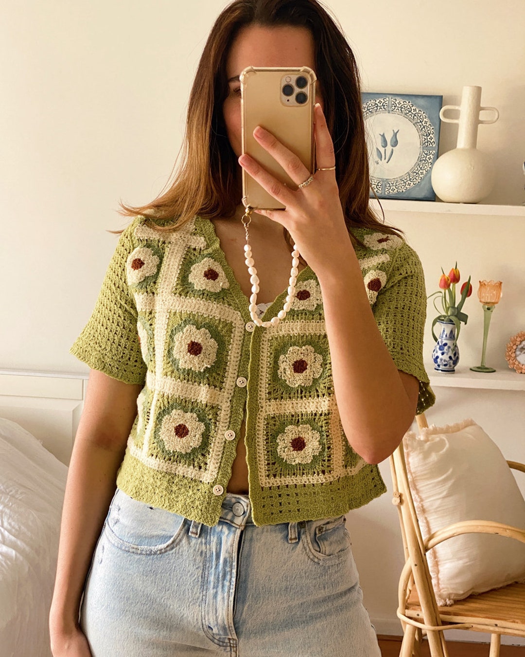 Verdant Floral Crochet Top, Cotton Crocheted Vest, Green, Beige, Brown, Boho Chic, Bohemian ...