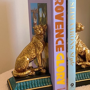 Gold Leopard Bookend Pair, Luxe Shelf Decor, Leopard Sculpture, Bookend ...
