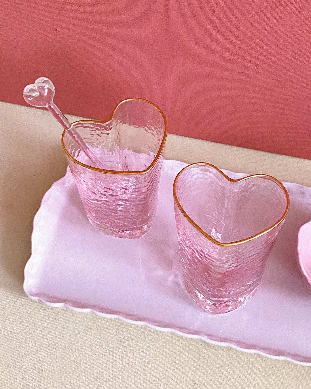 Pink Heart Longdrink Glass With Gold Rim, Coquette, Aesthetic, Handmade ...