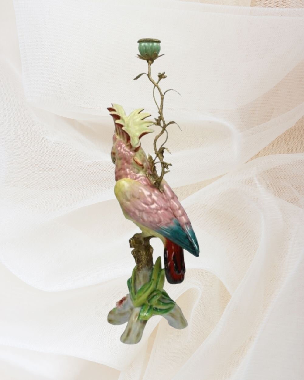 Porcelain Pink Cockatoo Brass Candle Holder, Bird Candle Holder, Parrot ...
