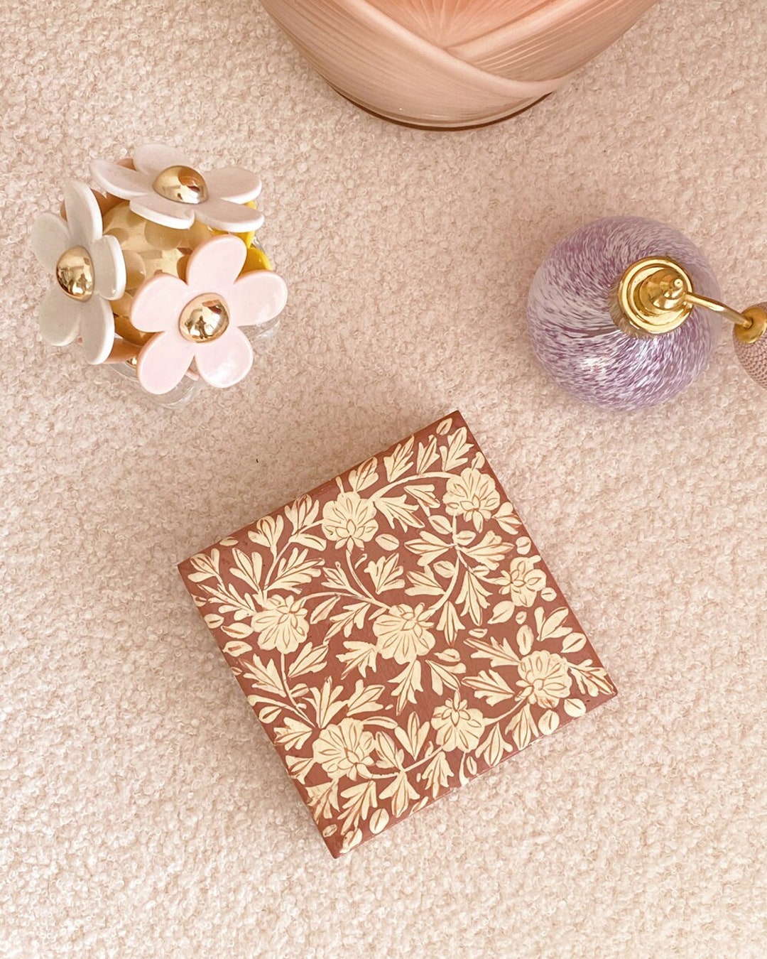 Lacquered Floral Print Box, Hand Painted, Papier Maché, Lilac, Beige ...