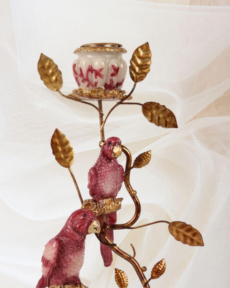 Regency Plumage Parrot Floral Candelabra, Bird Candle Holder, Candlestick, Hollywood Glam ...