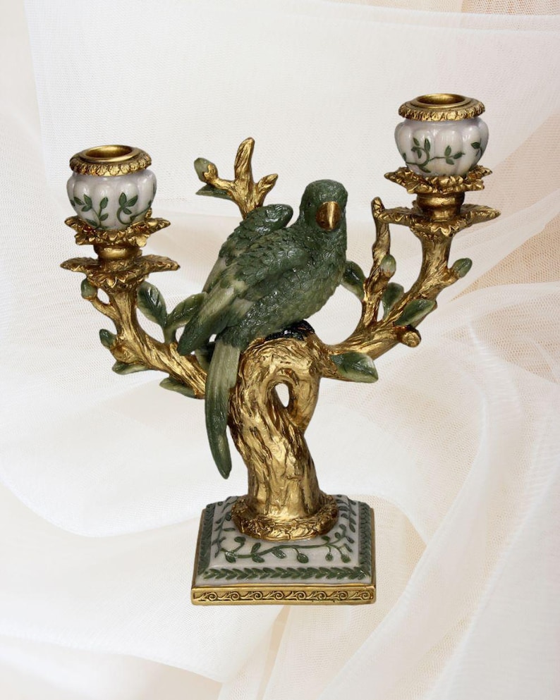 Chic Green Gold Parrot Candelabra, Bird Candle Holder, Candlestick, Hollywood Regency, Glam ...
