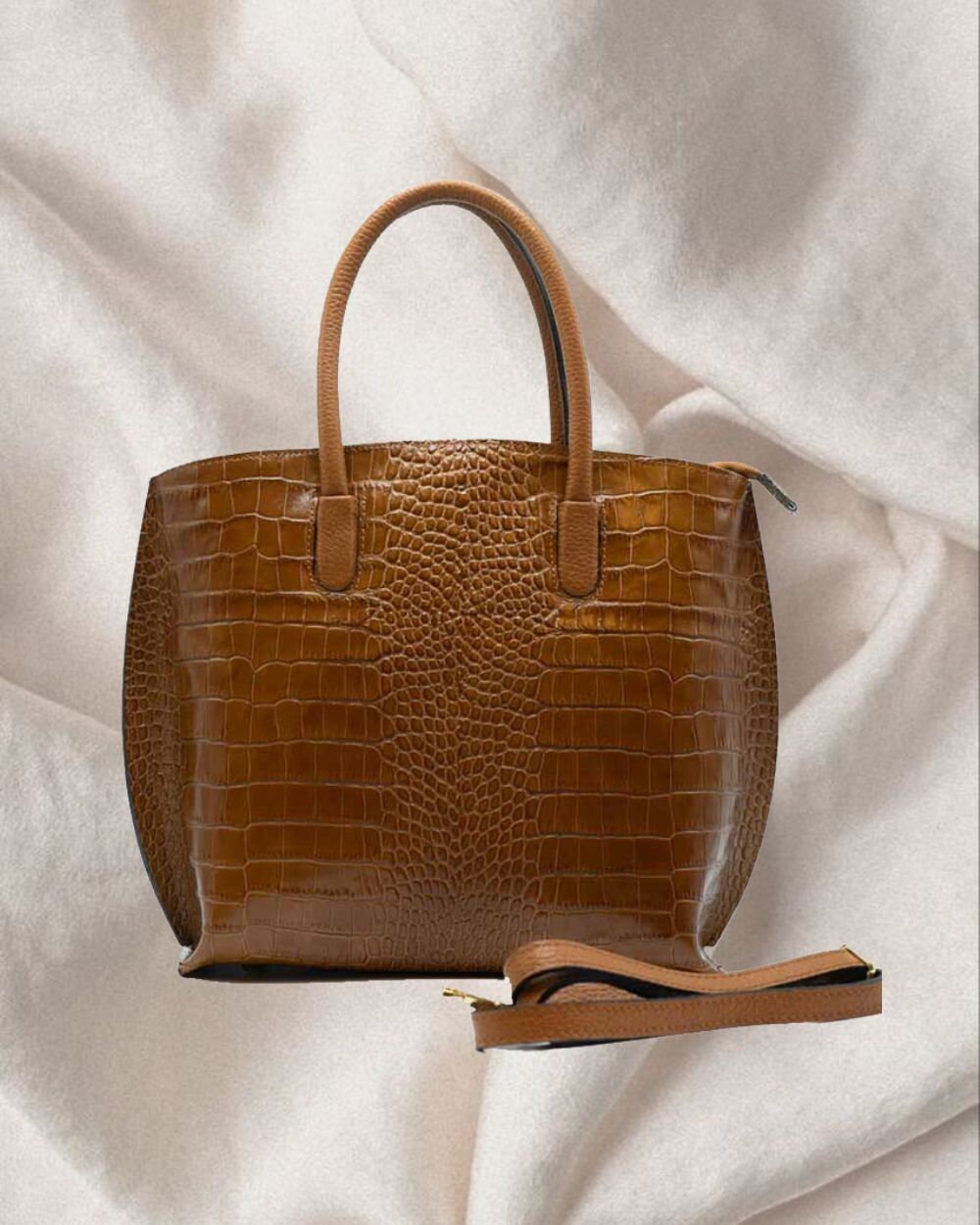 Leather Croco Bag Milo, Camel, Black Crocodile Texture Work Bag, Eco ...