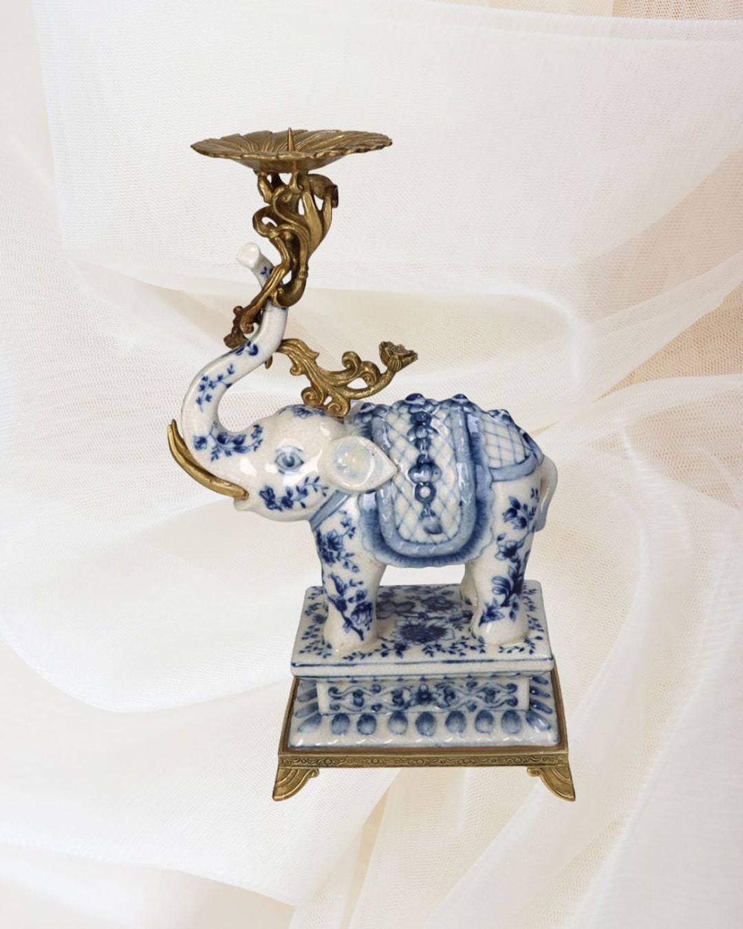 Porcelain Elephant Brass Candle Holder, Animal Candlestick, Hollywood ...