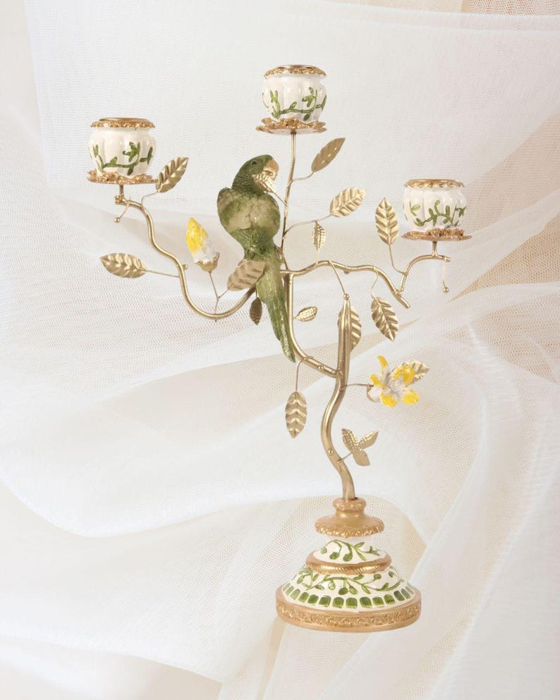 Regency Parrot Floral Candelabra, Bird Candle Holder, Candlestick, Hollywood Glam, Wedding Decor ...