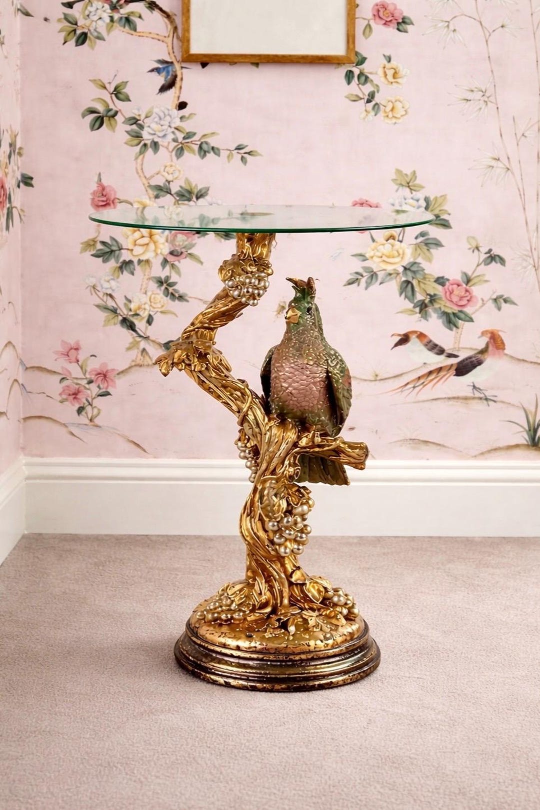 Hollywood Regency Parrot Glass Side Table, Gold Sculptural Accent Table ...