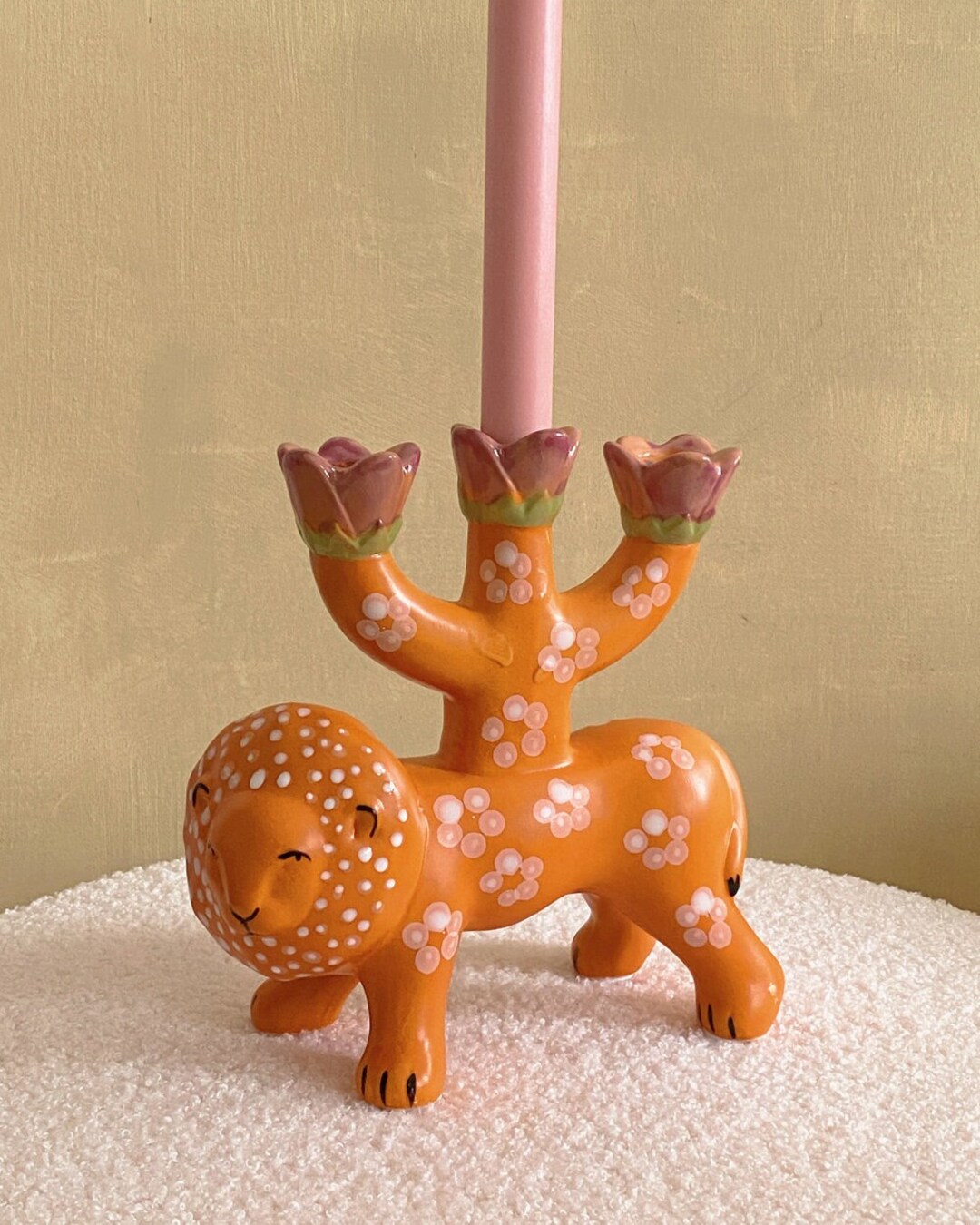 Hand Painted Noble Lion Candle Holder, Orange, Floral, Vintage Style ...