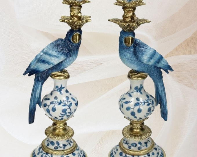 Blue White Parrot Candle Holder Pair, Bird Candlestick, Hollywood ...