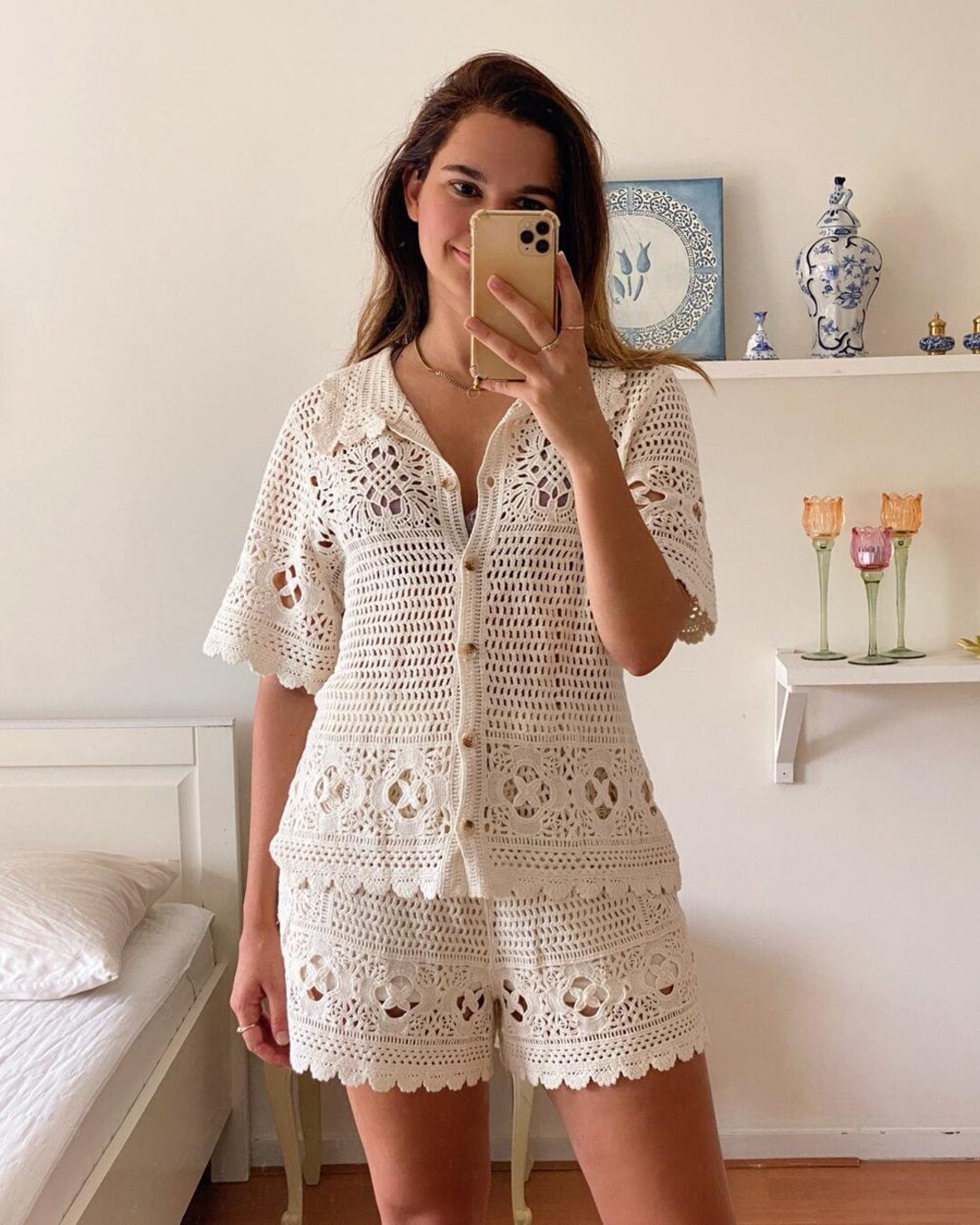 Desert Chic Crochet Matching Set, 100% Cotton, Beige Blouse, Shorts ...