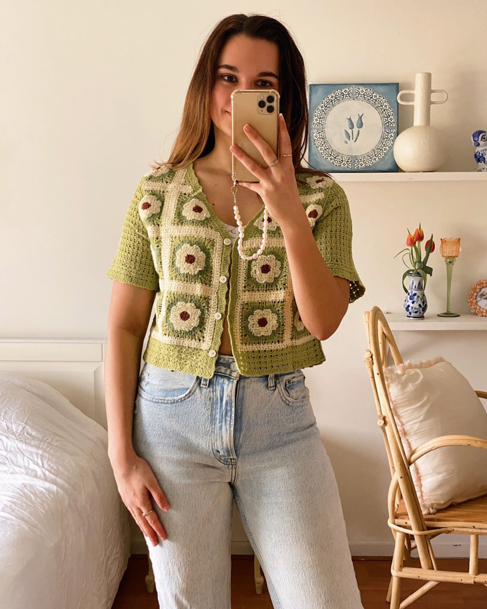 Verdant Floral Crochet Top, Cotton Crocheted Vest, Green, Beige, Brown, Boho Chic, Bohemian ...