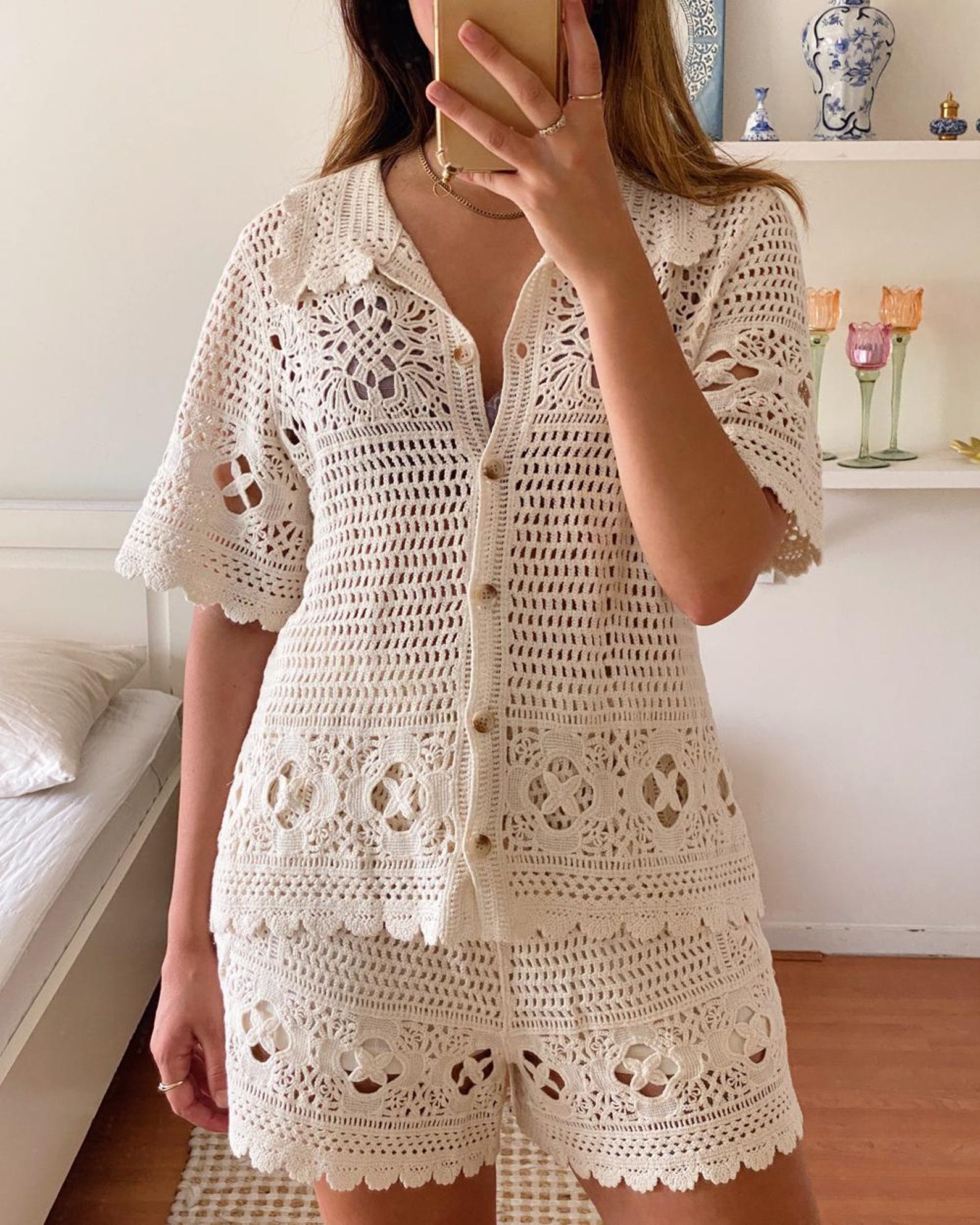 Desert Chic Crochet Matching Set, 100% Cotton, Beige Blouse, Shorts ...