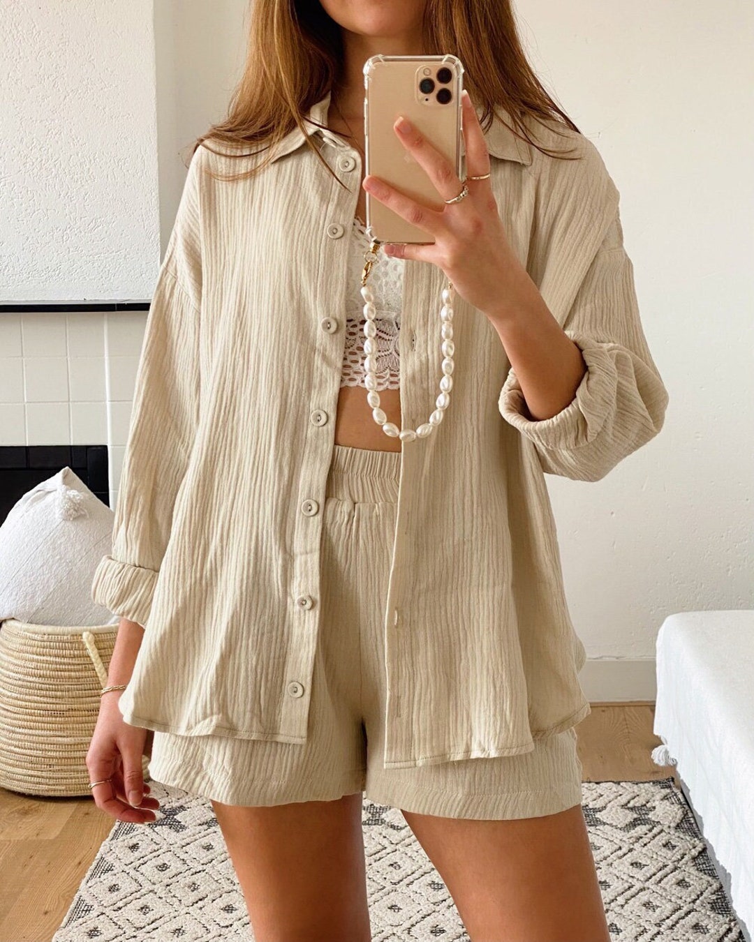 Beige Cotton Matching Set Belle, Blouse, Shorts, Coord, Casual, Mocha Mousse, Versatile Staple ...