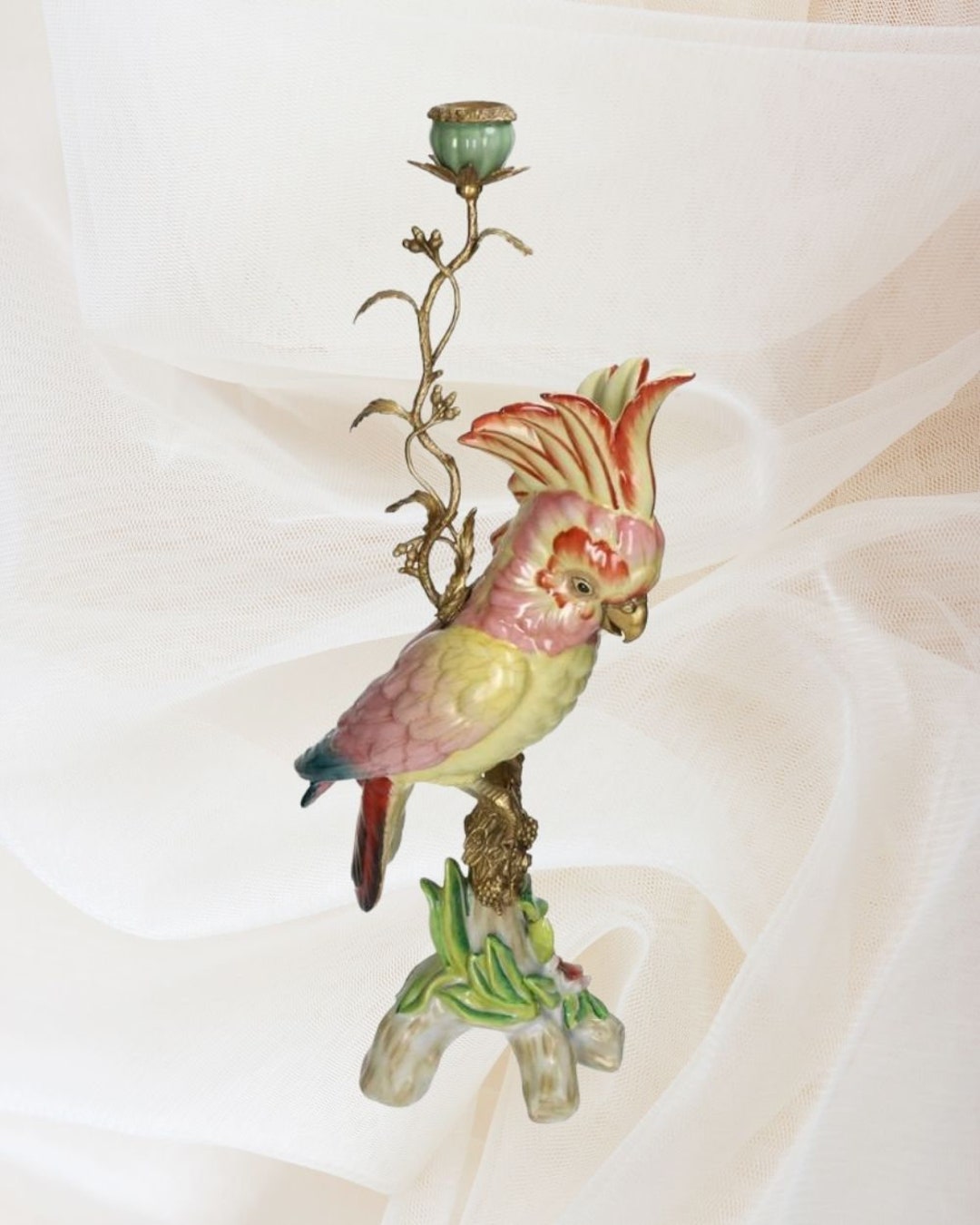 Porcelain Pink Cockatoo Brass Candle Holder, Bird Candle Holder, Parrot ...