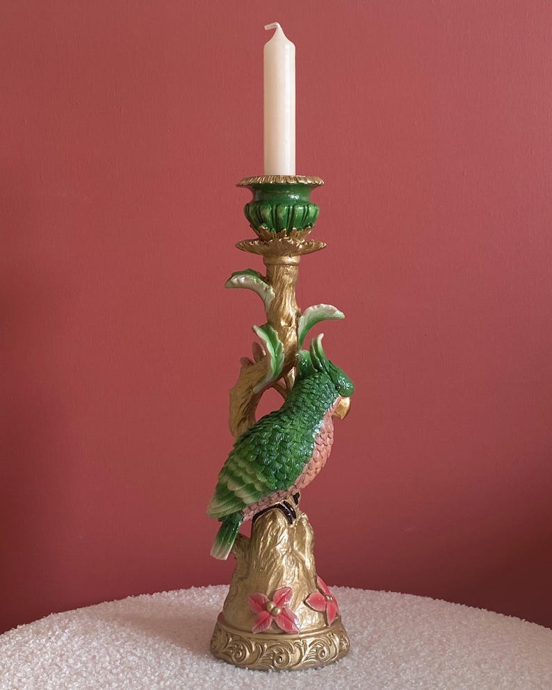 Hollywood Regency Parrot Candle Holder, Bird Candlestick, Green Pink ...