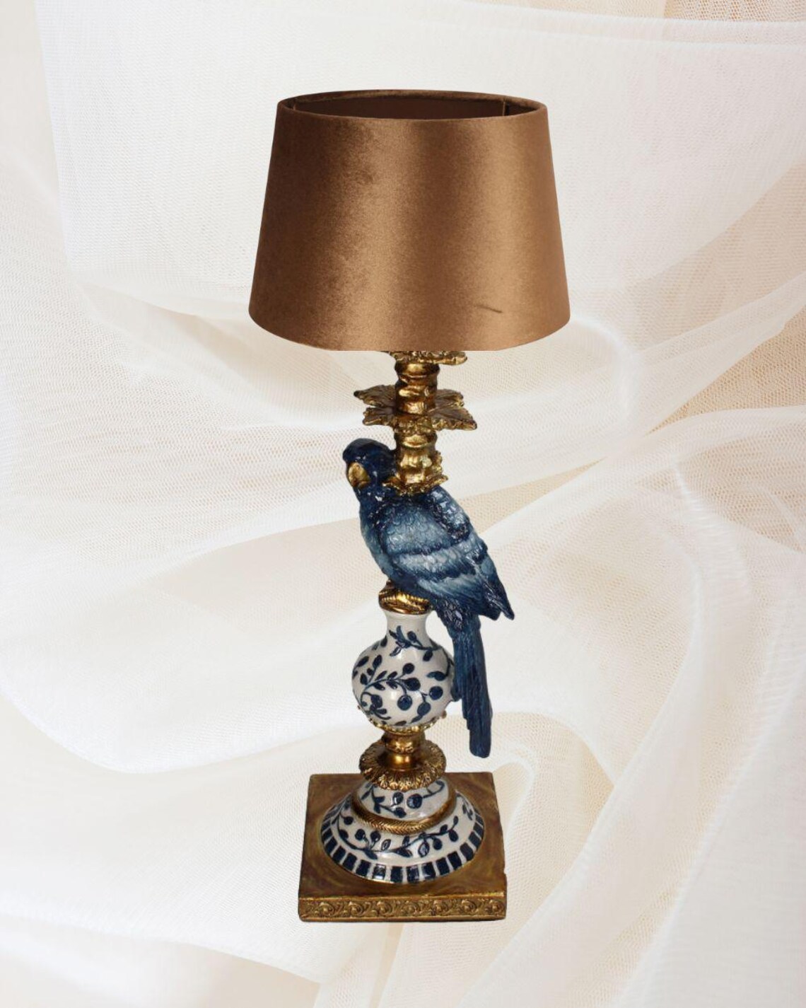 Blue White Parrot Table Lamp With Gold Velvet Shade, Hollywood Regency ...