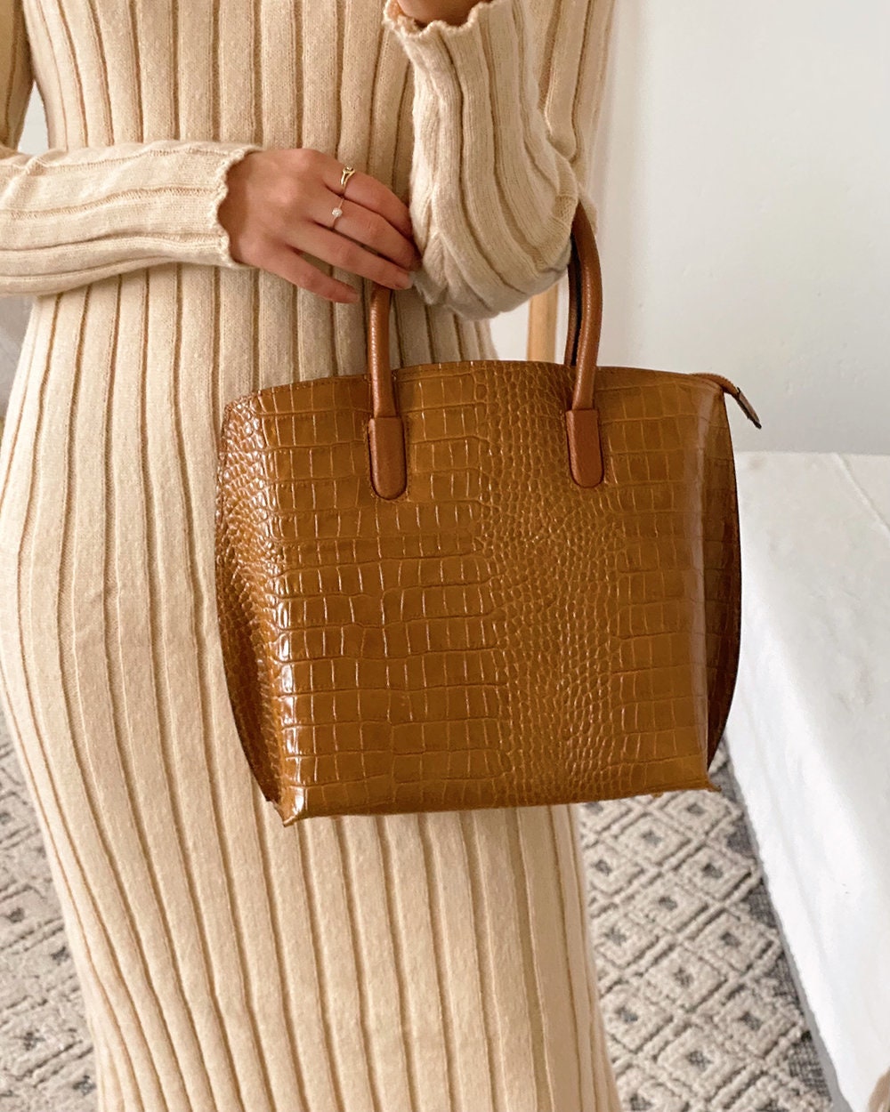 Leather Croco Bag Milo, Camel, Black Crocodile Texture Work Bag, Eco ...