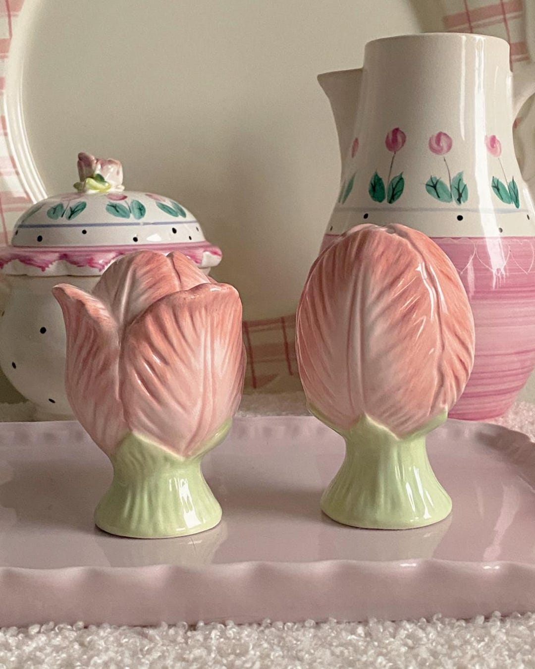 Pink Tulip Flower Porcelain Salt Pepper Shaker Set, Spring Table Decor ...