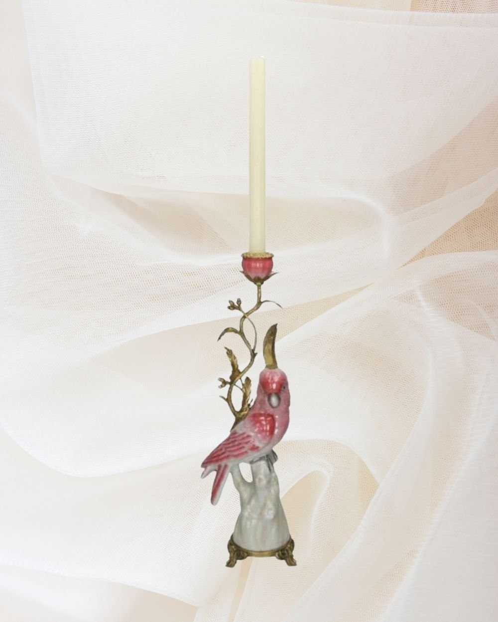 Porcelain Pink Parrot Brass Candle Holder, Bird Candle Holder, Parrot ...