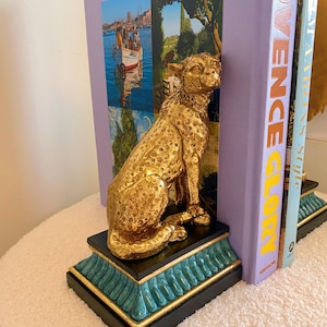Gold Leopard Bookend Pair, Luxe Shelf Decor, Leopard Sculpture, Bookend ...
