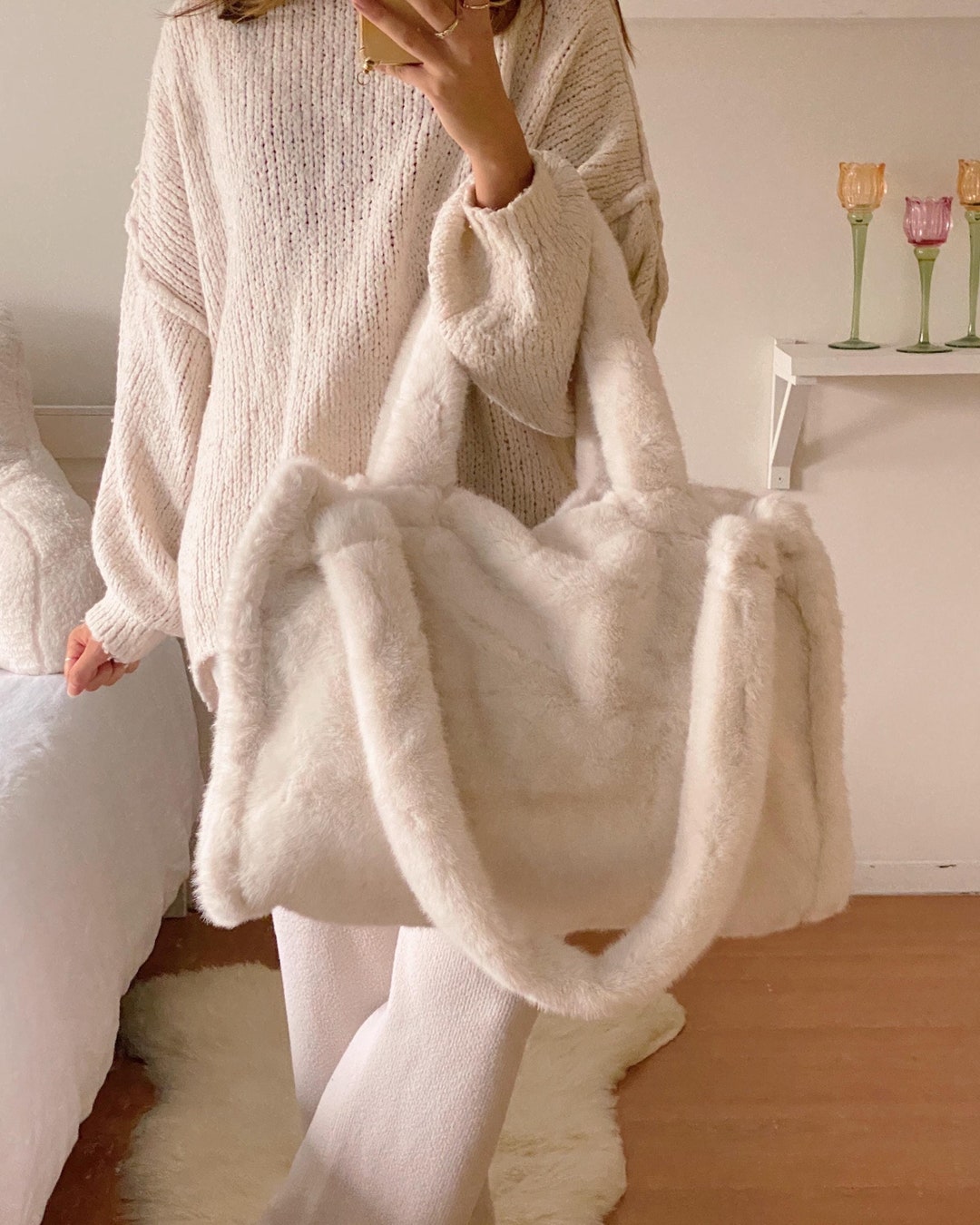 Fluffy Ivory Tote Bag, Faux Fur Weekend, Escape, Getaway, Travel Bag ...