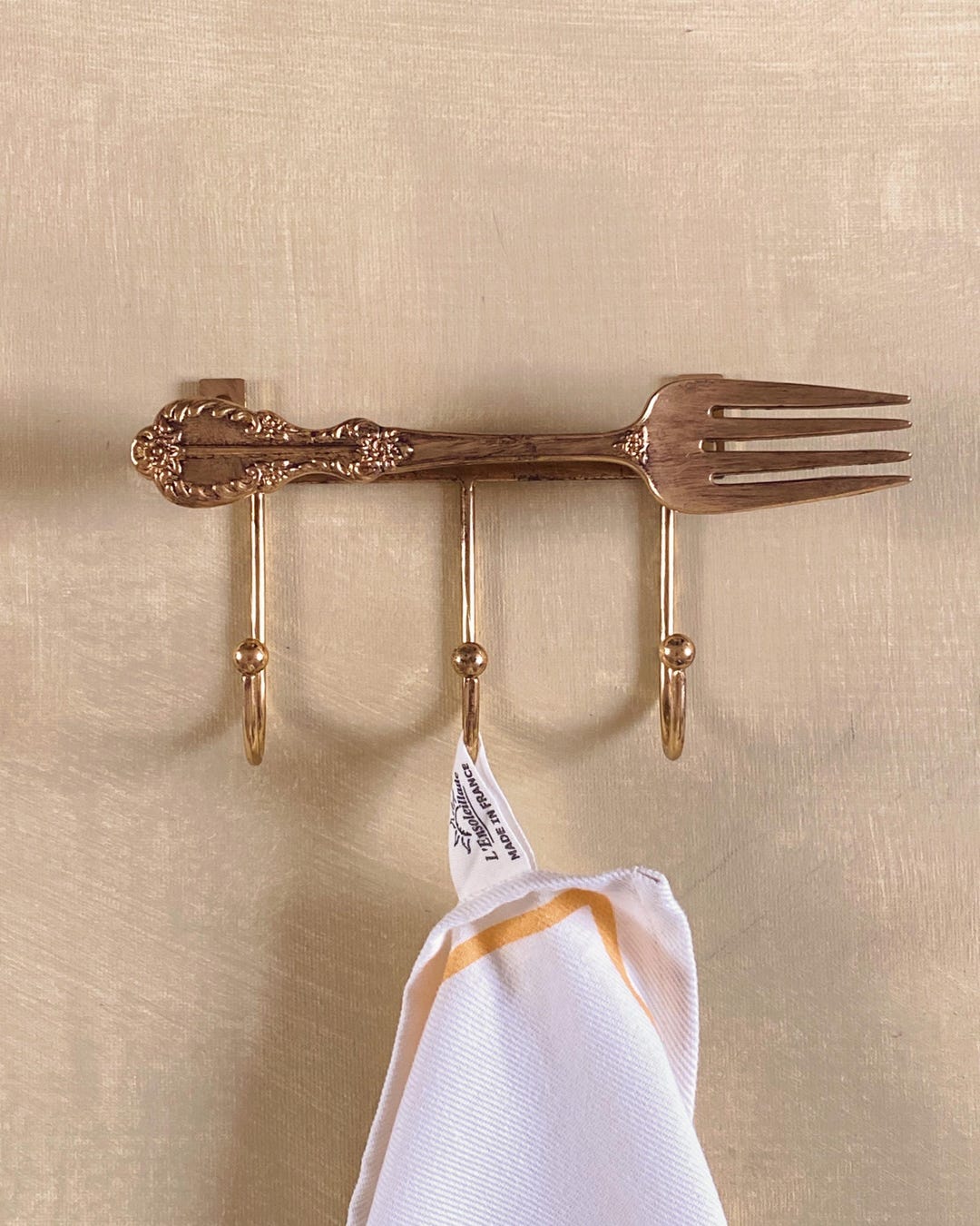 French Bistro Fork Metal Wall Hook, Gold Cutlery Kitchen Hook for Tea ...