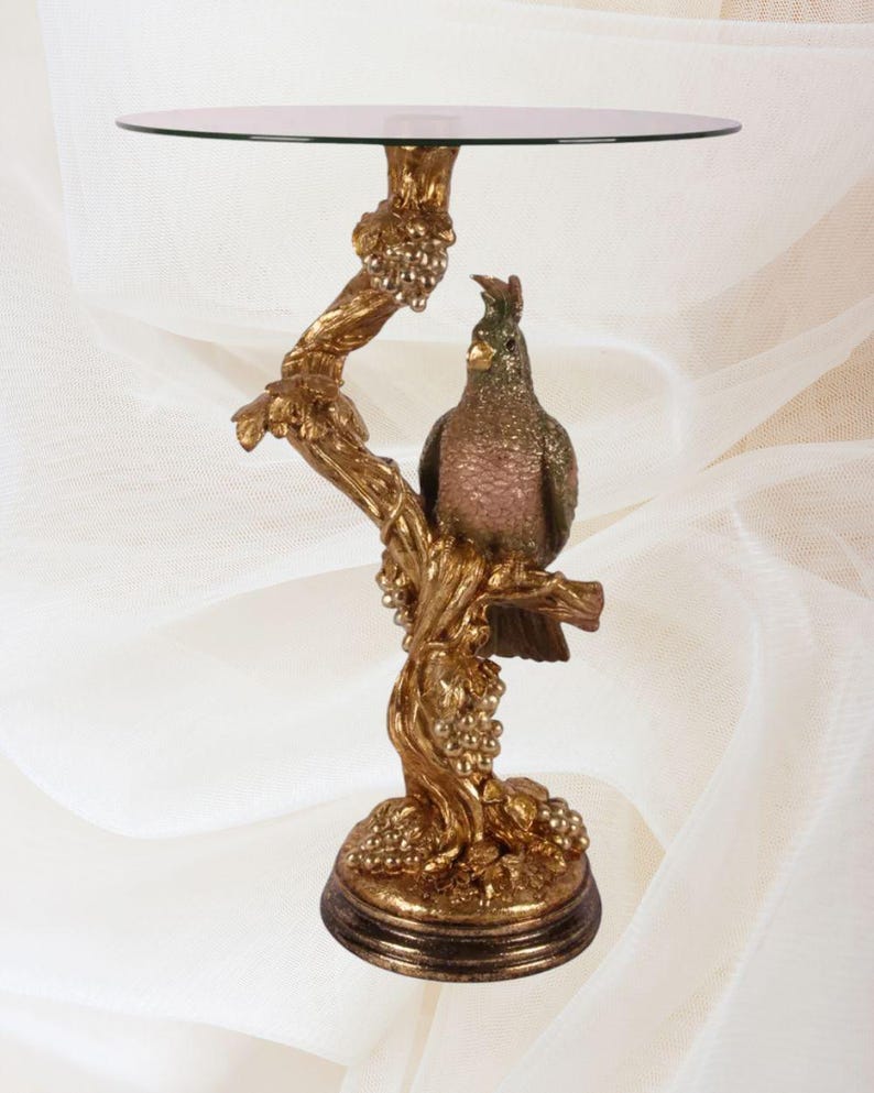 Hollywood Regency Parrot Glass Side Table, Gold Sculptural Accent Table ...