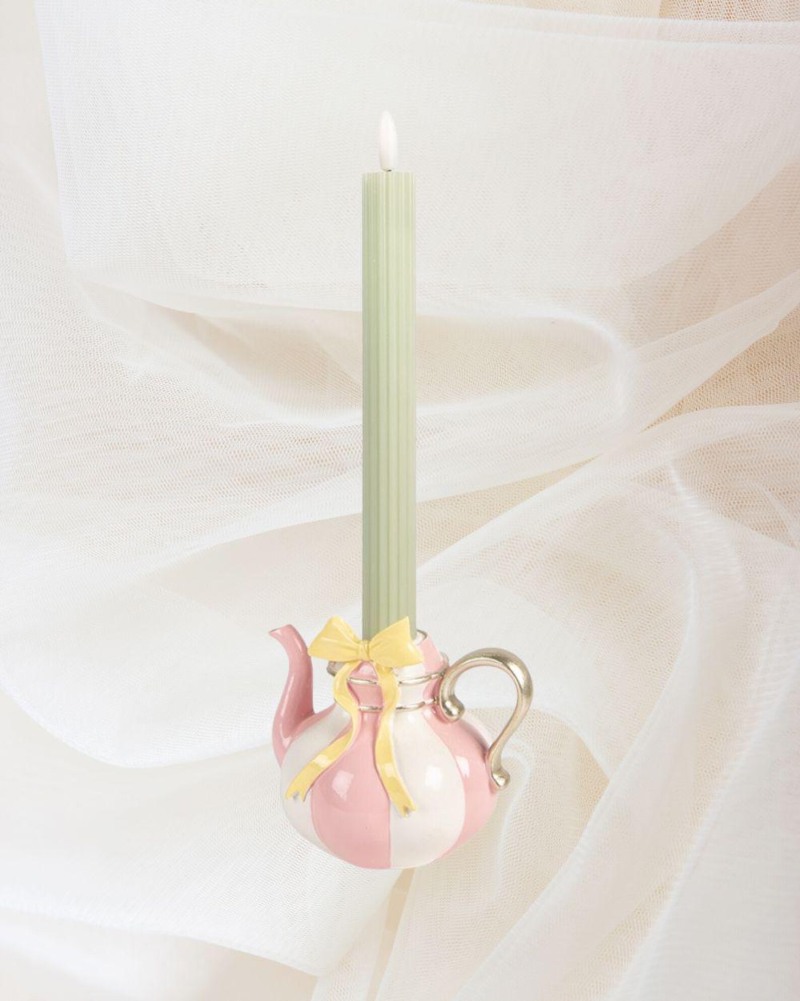 Belle Teapot Candle Holder, Pink White Striped Teapot With Yellow Bow ...