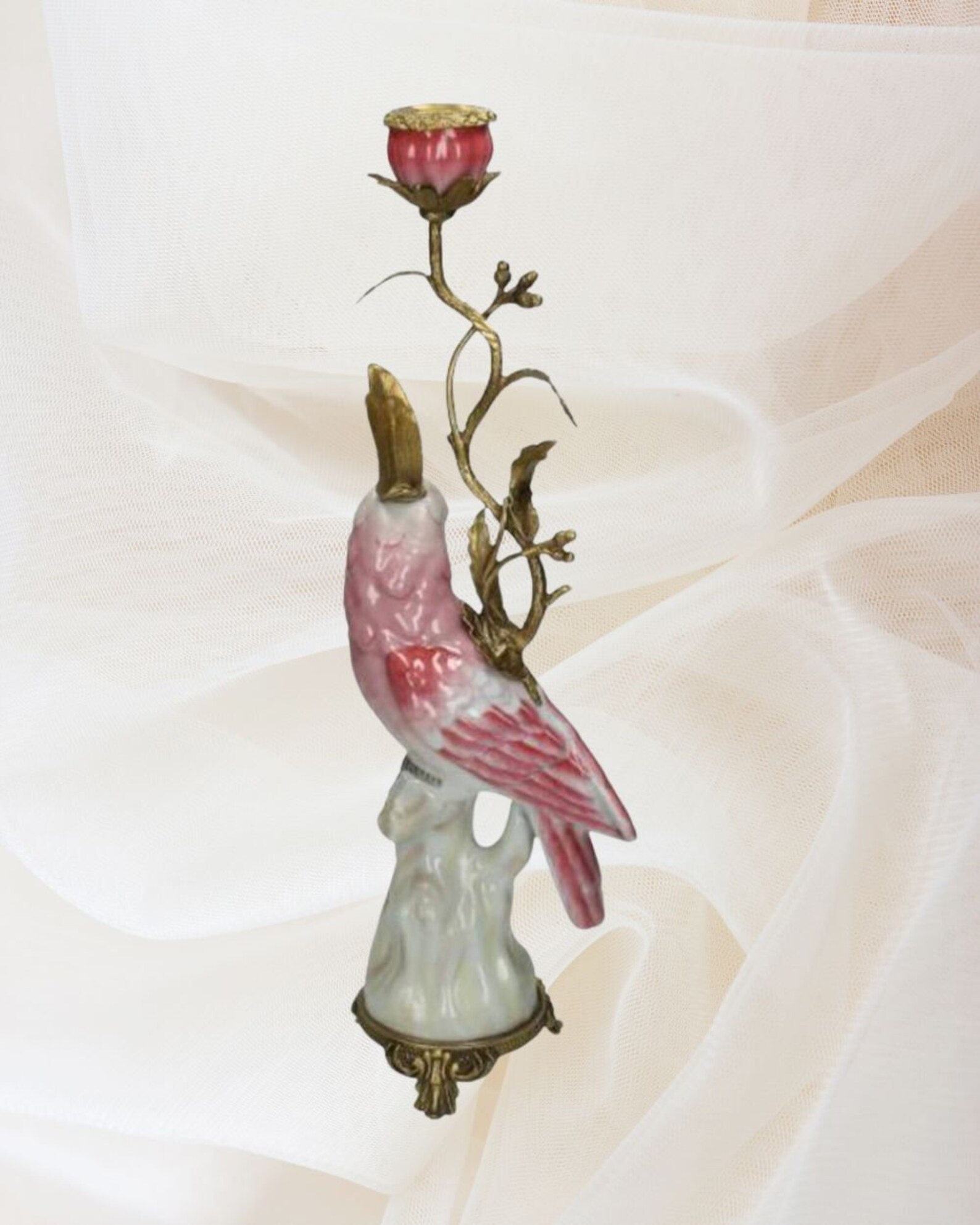 Porcelain Pink Parrot Brass Candle Holder, Bird Candle Holder, Parrot ...