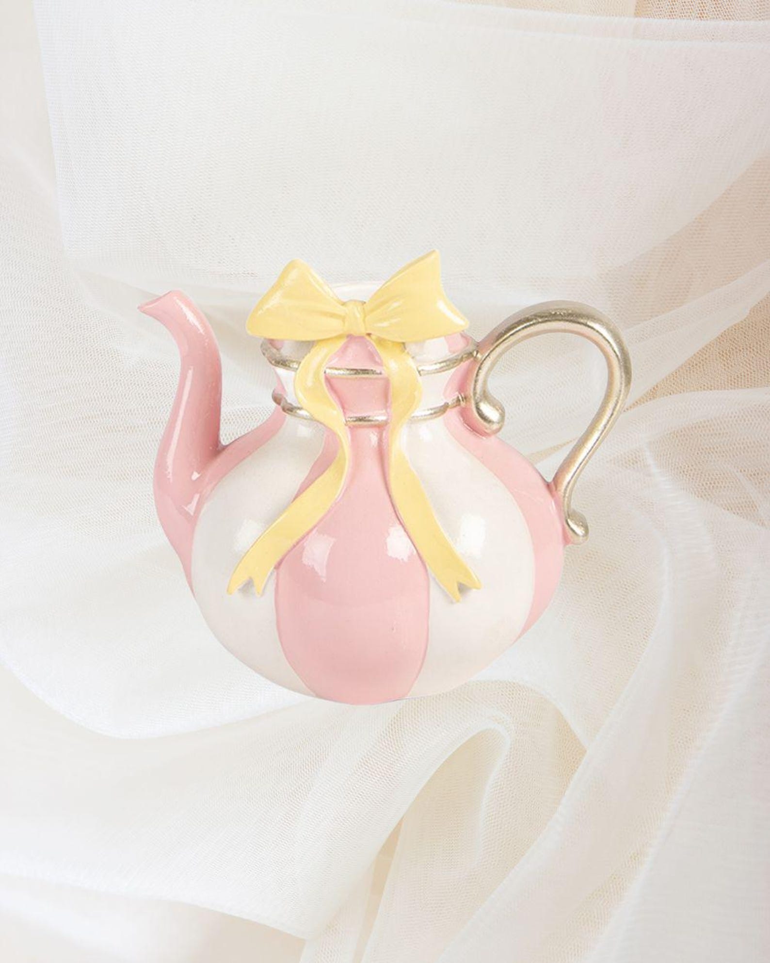 Belle Teapot Candle Holder, Pink White Striped Teapot With Yellow Bow ...