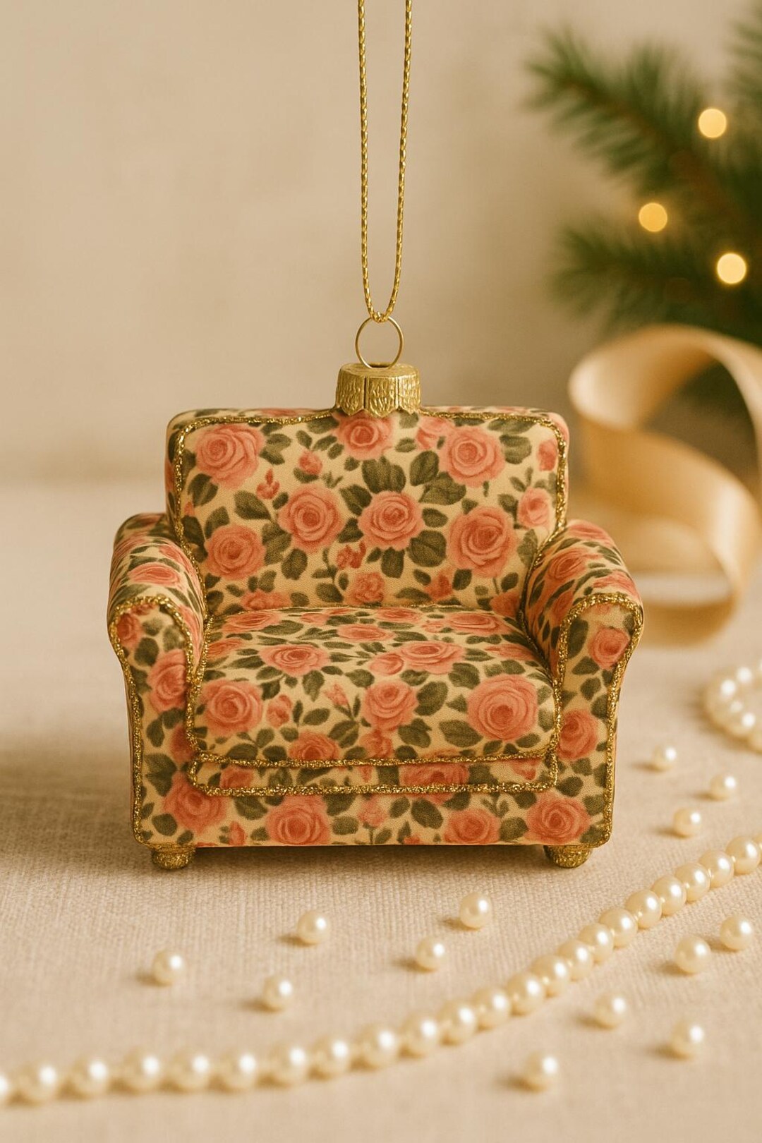 Vintage Parlor Rose Sofa Glass Ornament, Christmas Bauble, Shabby Chic ...