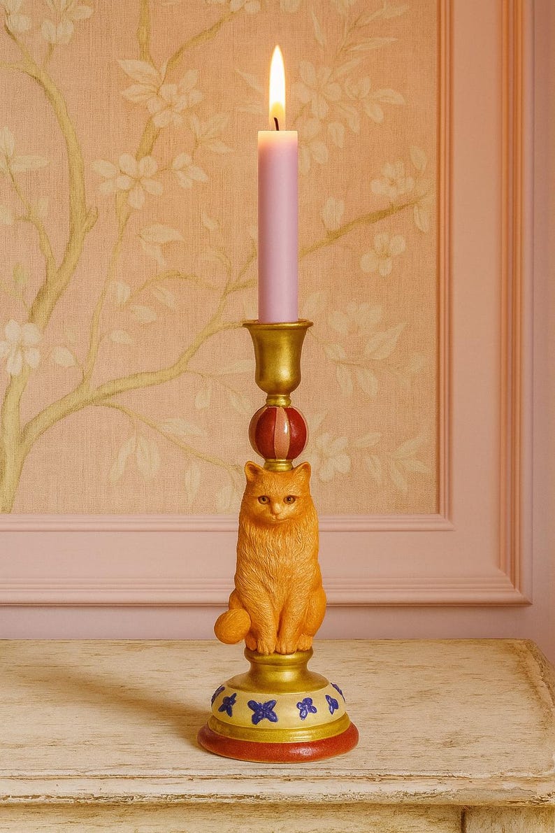Ginger Cat Candle Holder, Orange Cat Candlestick, Feline Home Decor ...