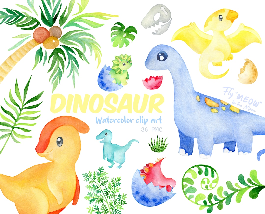 Watercolor Pretty Dino Clip Art, Characters, Creatures, Nursery, Baby ...
