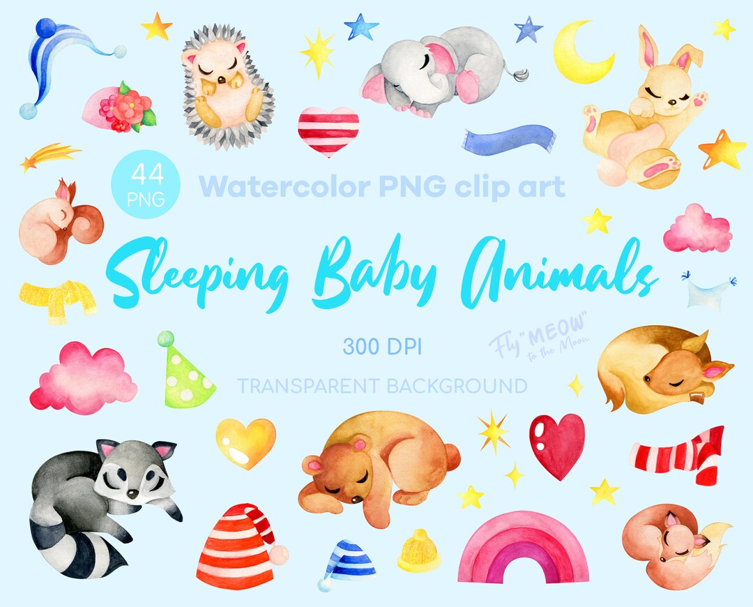Watercolor Sleeping Baby Animals Clip Art, Creatures, Nursery, Baby ...