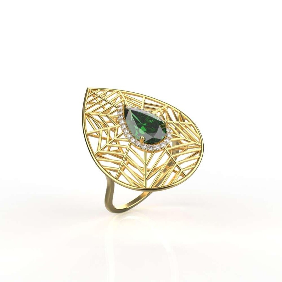 18K Gold Emerald Diamond Jali Ring | | Intricate Lattice Designer Gold ...