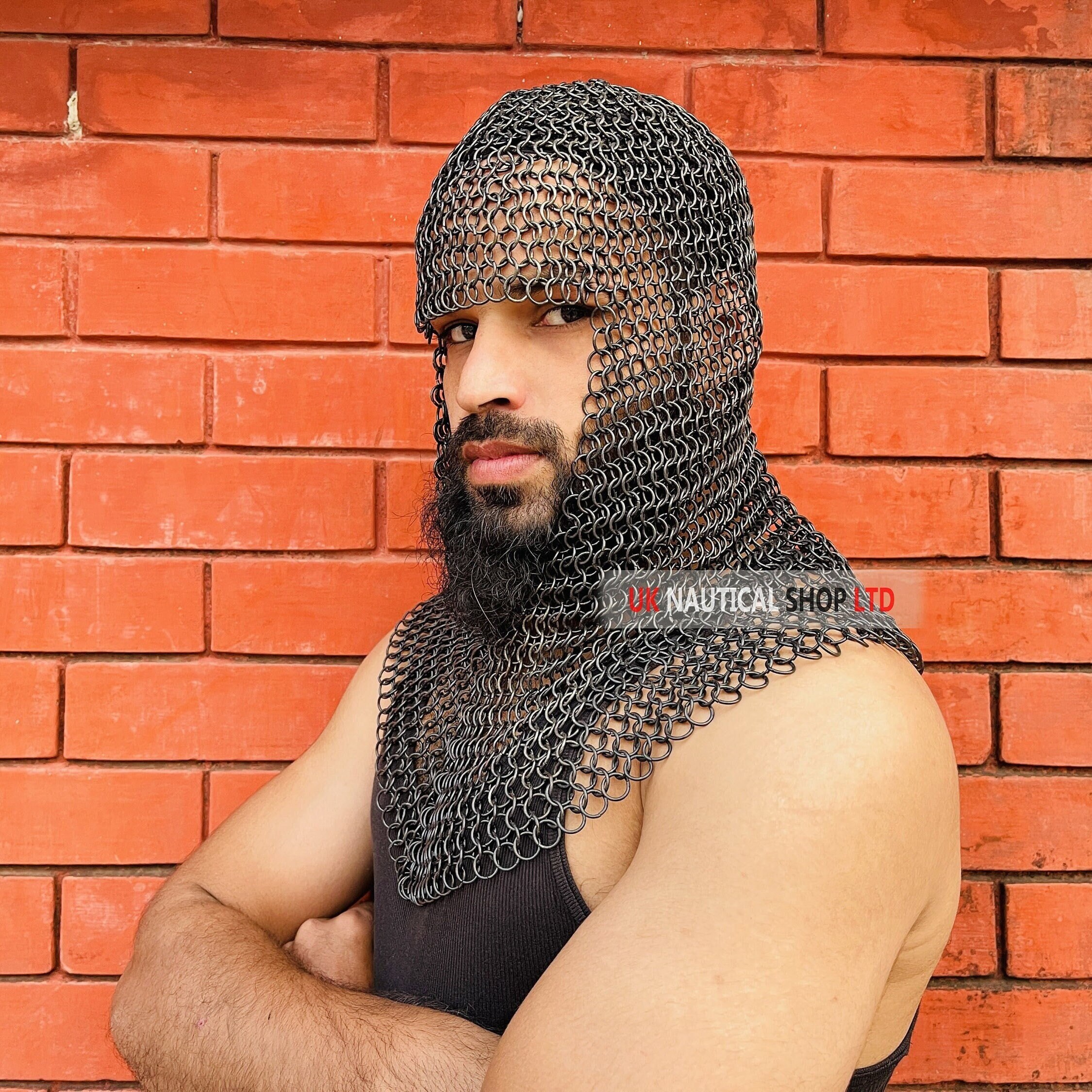 Black Chain Mail Coif 10mm Neck Chainmail Hood medieval Chainmail Armor Larp Sca Costume Butted ...
