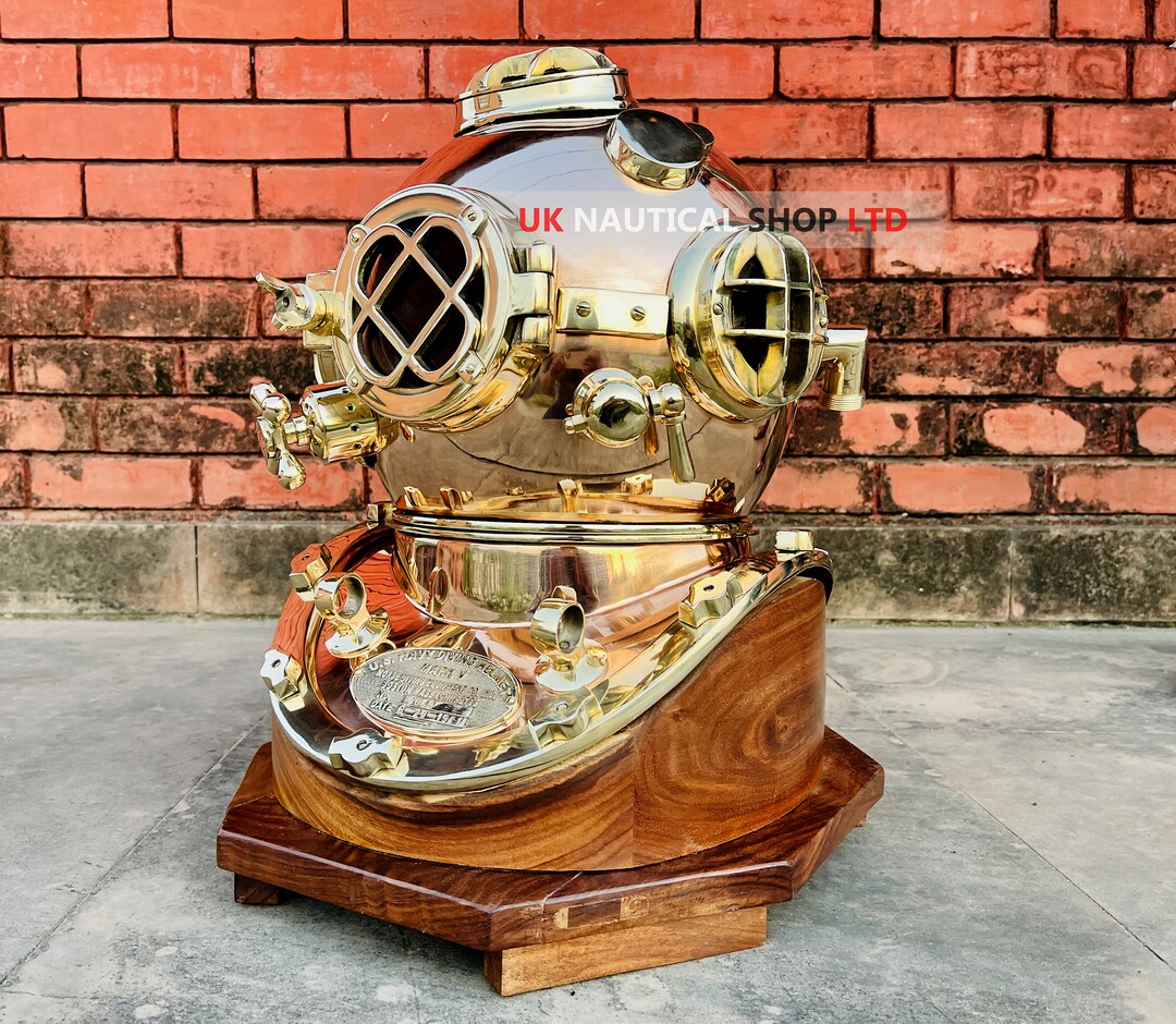 Boston Scuba Diving Helmet With Wooden Base Copper Brass Sea Diving ...