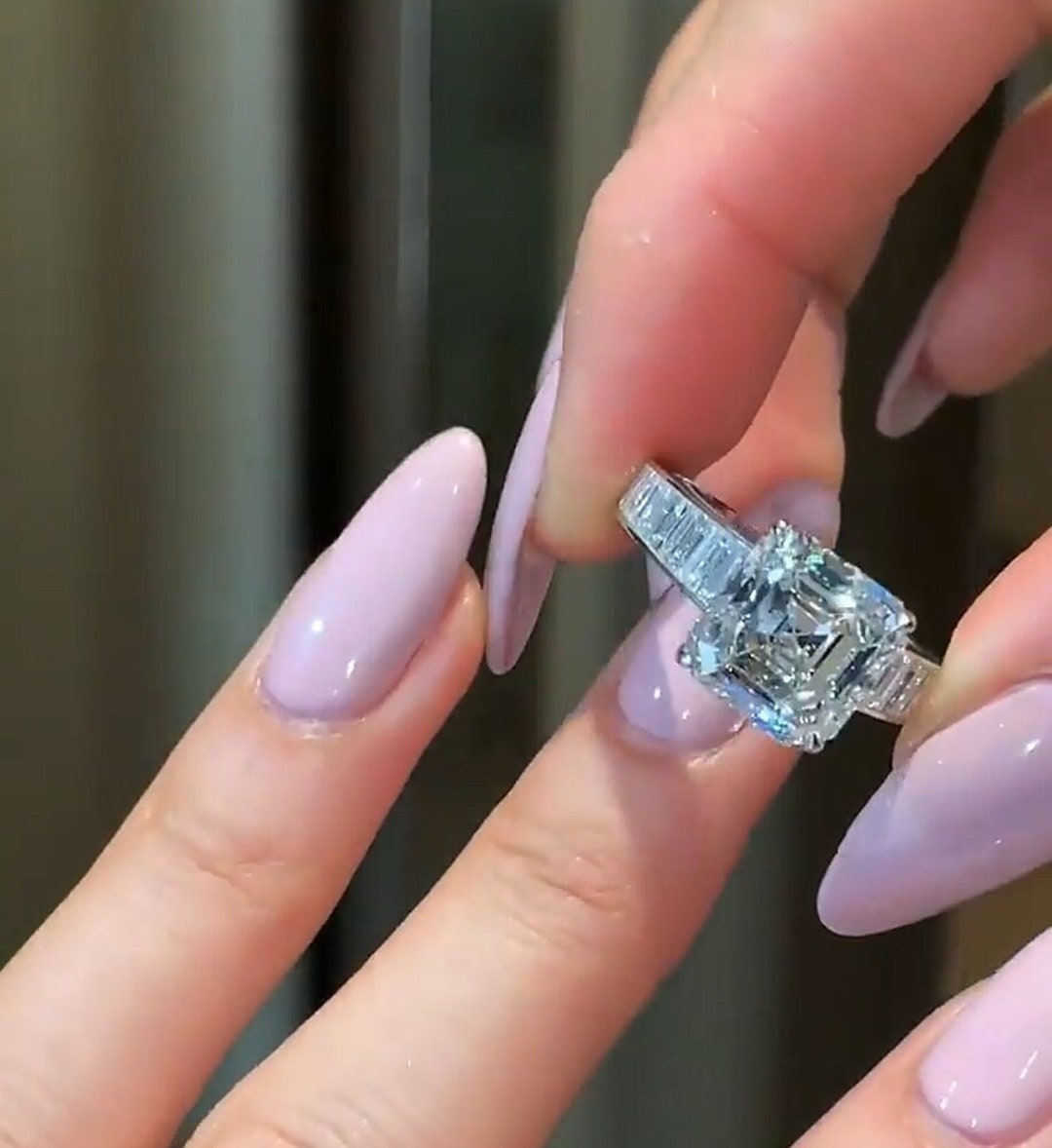 9.5x9.5mm Stunning Asscher Colorless Moissanite Ring | Pointed Prongs ...